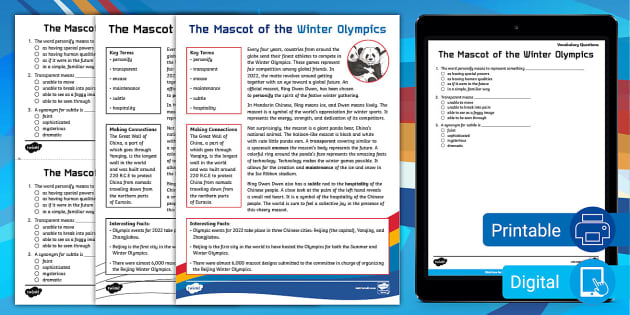 Sixth Grade Mascot of the Olympic Winter Games Fact File and Vocabulary