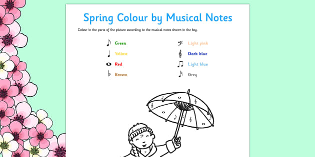 Spring Colour by Musical Notes Worksheet / Worksheet