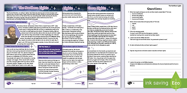 UKS2 The Northern Lights Reading Comprehension Activity