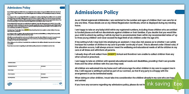 Admissions Policy for Childminders (teacher made)