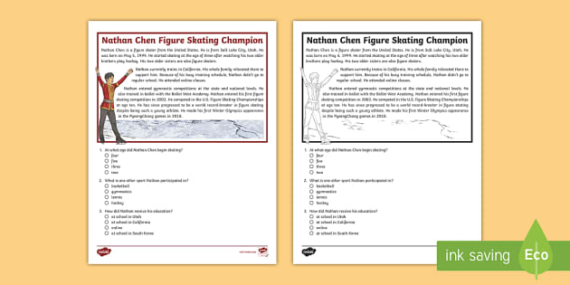 Third Grade Nathan Chen Figure Skating Champion Reading Passage ...