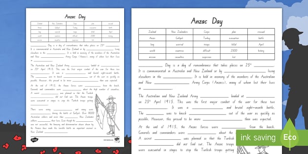 Anzac Day Cloze Worksheet (teacher made) - Twinkl