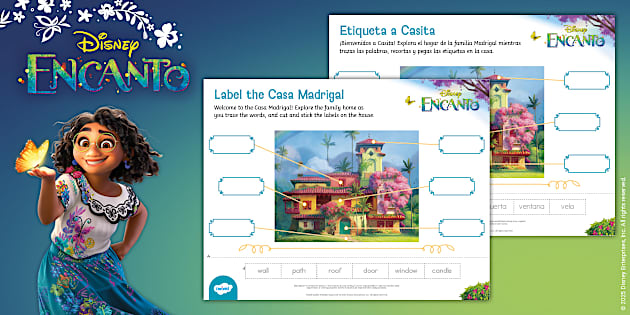 Encanto: English/Spanish Label the Casa Madrigal Cut and Paste Worksheet