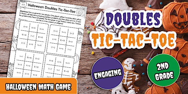 2nd Grade Halloween Doubles Addition Tic-Tac-Toe Worksheet