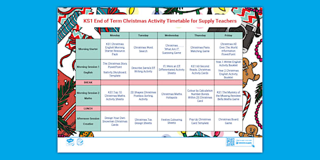 KS1 End of Term Christmas Activity Timetable for Supply Teachers