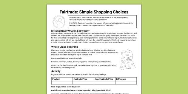 KS2 World Fair Trade Day Simple Shopping Choice Activity