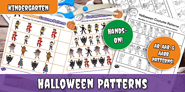 Kindergarten Halloween Pattern Cut and Paste Math Worksheets