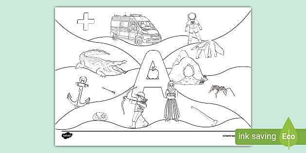'A' Sound Loaded Colouring Page, Words beginning with A
