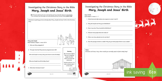 Mary and Joseph Christmas Story Worksheet - CfE - Twinkl