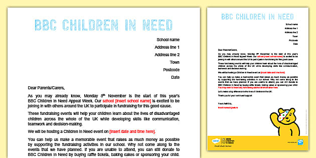 FREE! - BBC Children in Need Editable Parents Letter