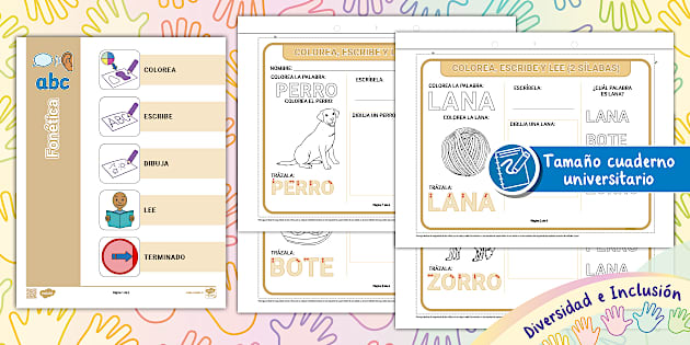 Guía |Trabajo | Colorea | Escribe | Lee | 2 sílabas | NEE