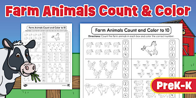 Farm Animals Count and Color to 10 Worksheet for PreK-K