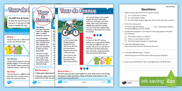KS1 Tour de France Differentiated Reading Comprehension Activity