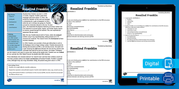 Rosalind Franklin Fact File and Vocabulary Questions Rosalind Franklin Fact File and Vocabulary Questions