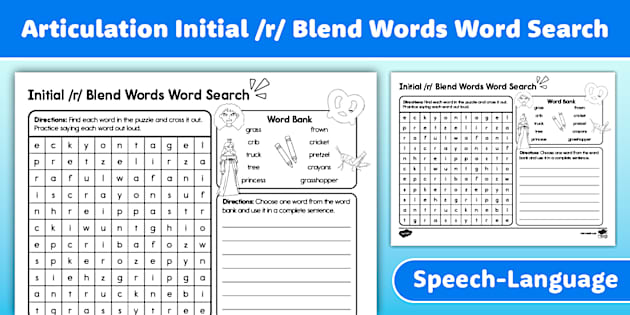 Articulation Initial /r/ Blend Words Word Search for SLP