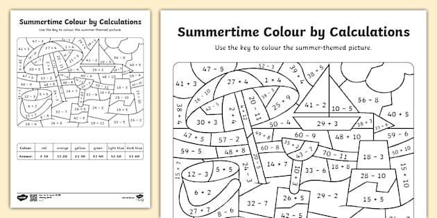 Summer-Themed Colour by Calculations Worksheet - Twinkl