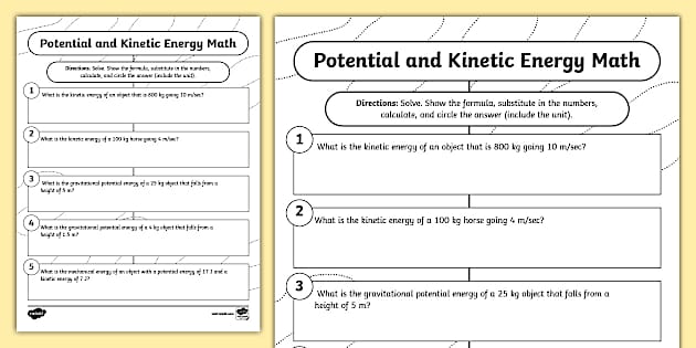 Potential and Kinetic Energy Math Calculations Worksheet Potential and Kinetic Energy Math Calculations Worksheet