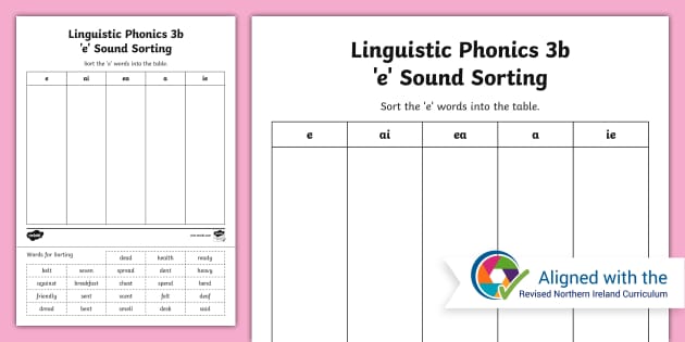 Linguistic Phonics Phase 3b 'e' Sound Sorting Activity Sheet