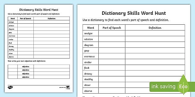 Dictionary Skills Word Table Worksheet Worksheet Twinkl