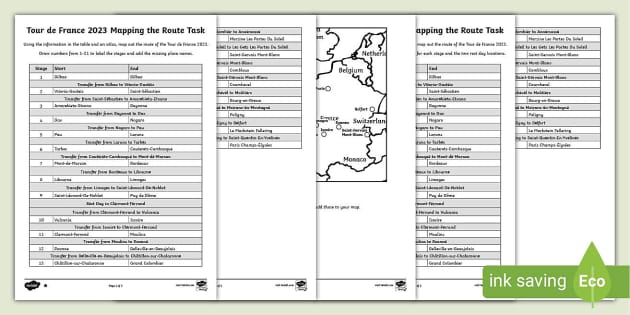 Tour de France Route Planning Differentiated Worksheets