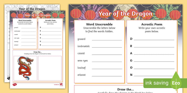 Year of the Dragon Boredom Buster Worksheet (teacher made)