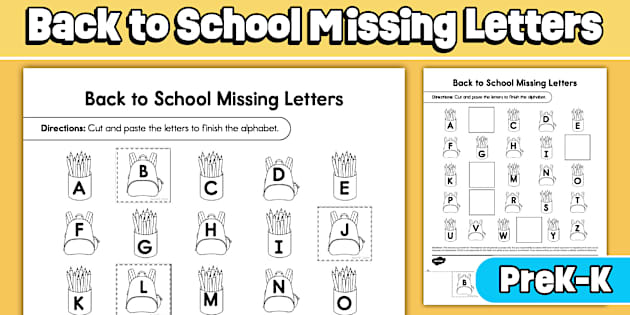 Back to School Missing Letters Cut and Paste Worksheet
