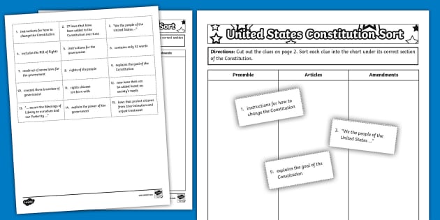 Sixth Grade United States Constitution Sorting Worksheet