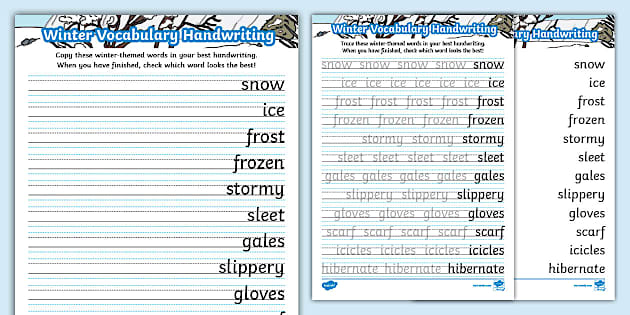 Winter Vocabulary Left-Handed Handwriting Activity Sheets Winter Vocabulary Left-Handed Handwriting Activity Sheets