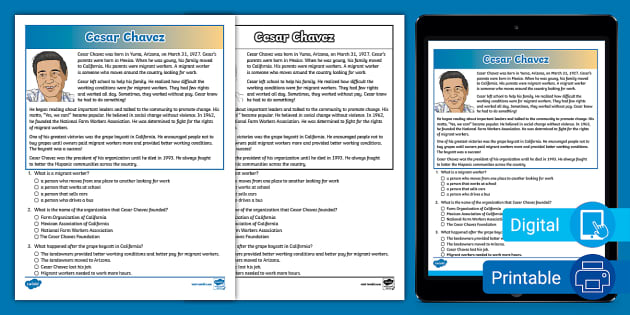 Fourth Grade Cesar Chavez Reading Passage Comprehension Activity