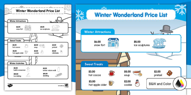 Winter Wonderland Dramatic Play Price List Sign - Twinkl