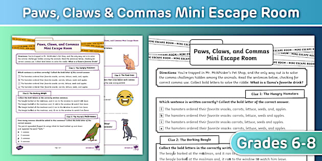 Comma Practice Escape Room (Grades 6-8) - Twinkl