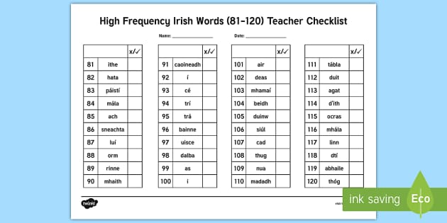 High Frequency Irish Words (81-120) Teacher Checklist Gaeilge