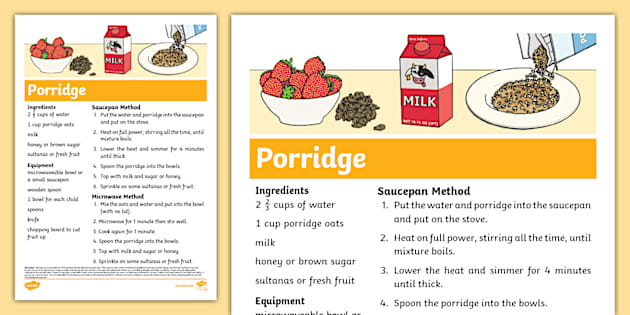 Goldilocks and the Three Bears Porridge Recipe Sheet