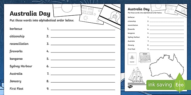 Australia Day Alphabet Ordering Worksheet (teacher made)