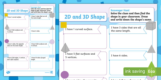 👉 2D and 3D Shape Scavenger Hunt Worksheet (teacher made)