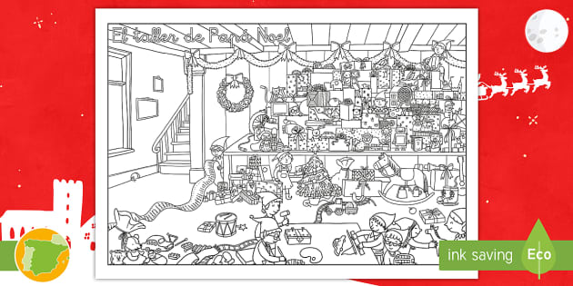 Hoja de colorear: El taller de Papá Noel - Twinkl