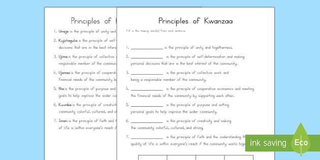 Principles of Kwanzaa Missing Words Worksheet / Activity Sheet