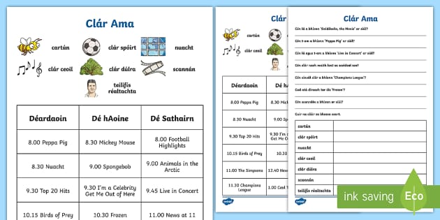 TV Schedule Worksheet Gaeilge - Teilifís, Sceideal, clár, Television
