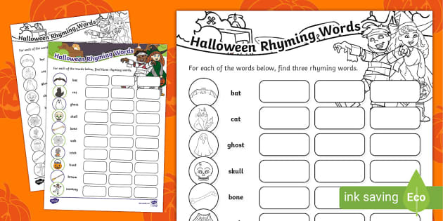 Halloween Rhyming Words Worksheet - Twinkl
