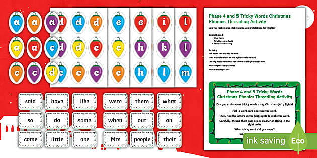 Phase 4 and 5 Tricky Words Christmas Phonics Threading Activity Pack