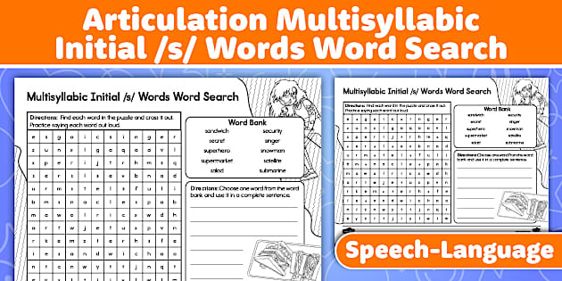 Articulation Multisyllabic Initial /s/ Words Word Search for SLP