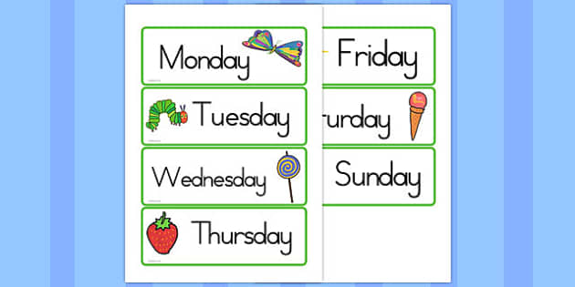 Days of the Week Cards to Support Teaching on The Very Hungry Caterpillar