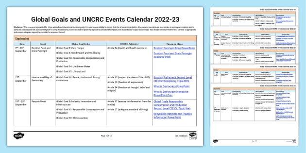Scottish Events Calendar with Global Goals and UNCRC 2022-23