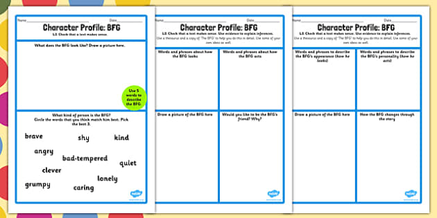 Character Profile Worksheet to Support Teaching on The BFG