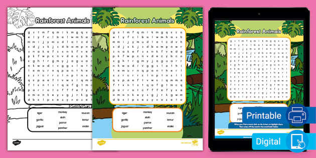 Rainforest Animals Word Search for K-2nd Grade - Twinkl