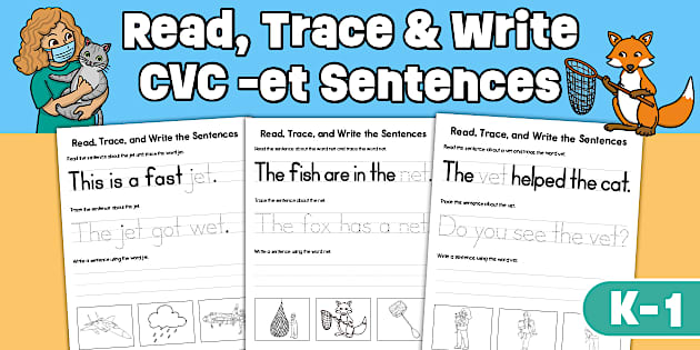 Read, Trace, and Write CVC -et Word Family Worksheets
