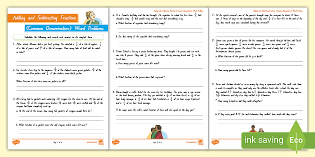 Adding and Subtracting Fractions Word Problems (Common Denominators)