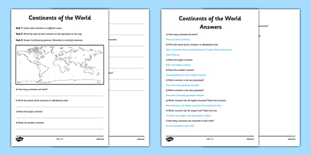Continents of the World Worksheet KS1 - Primary Resources