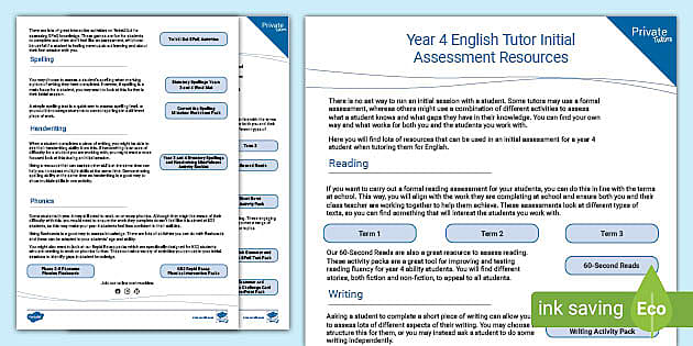 Year 4 English Tutor Initial Assessment Resources