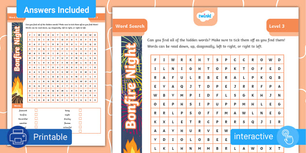Bonfire Night Word Search - Level 3 - Twinkl - Kids Puzzles